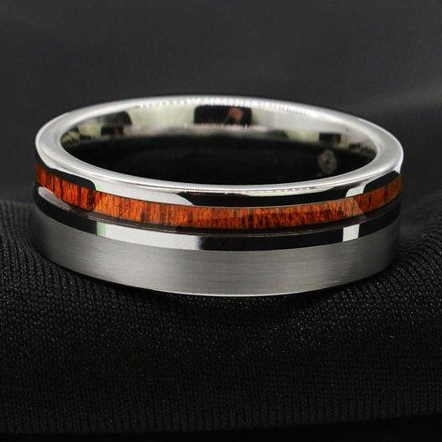Silver Brushed Koa Wood Ring with Tungsten Carbide | Classy Men Collection