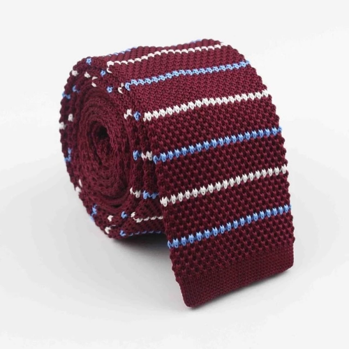 Wine Red Square Knit Tie With White & Light Blue Stripes | Classy Men ...