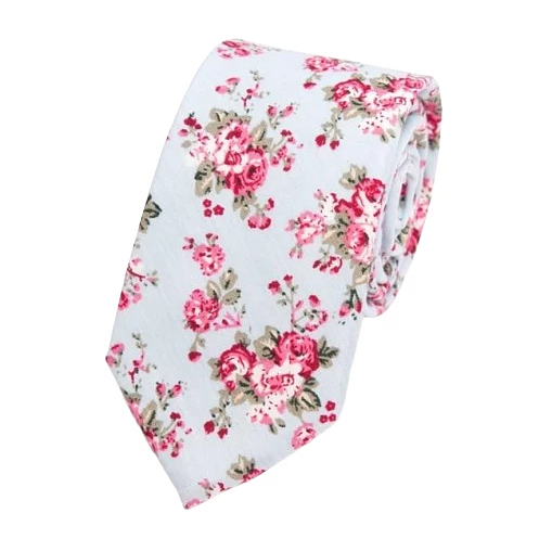 Pastel Blue Floral Skinny Tie With Pink Flowers | Made Of 100% Cotton ...