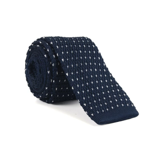 Navy Blue Square Knit Tie With White Dots | Classy Men Collection