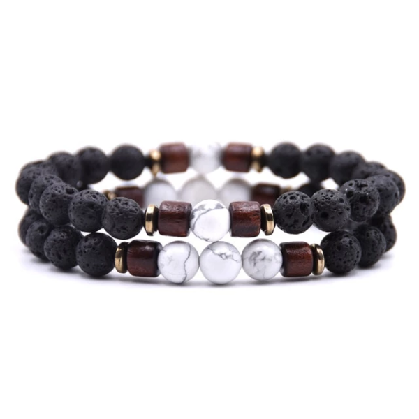 Beaded Bracelet Set Made Of White Marble, Lava Stone & Wood | Classy ...