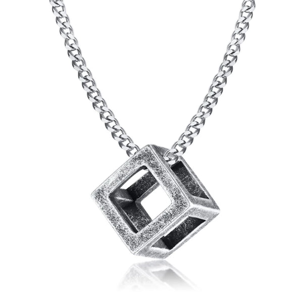 Worn Silver Square Cube Pendant Necklace for Men | Classy Men Collection